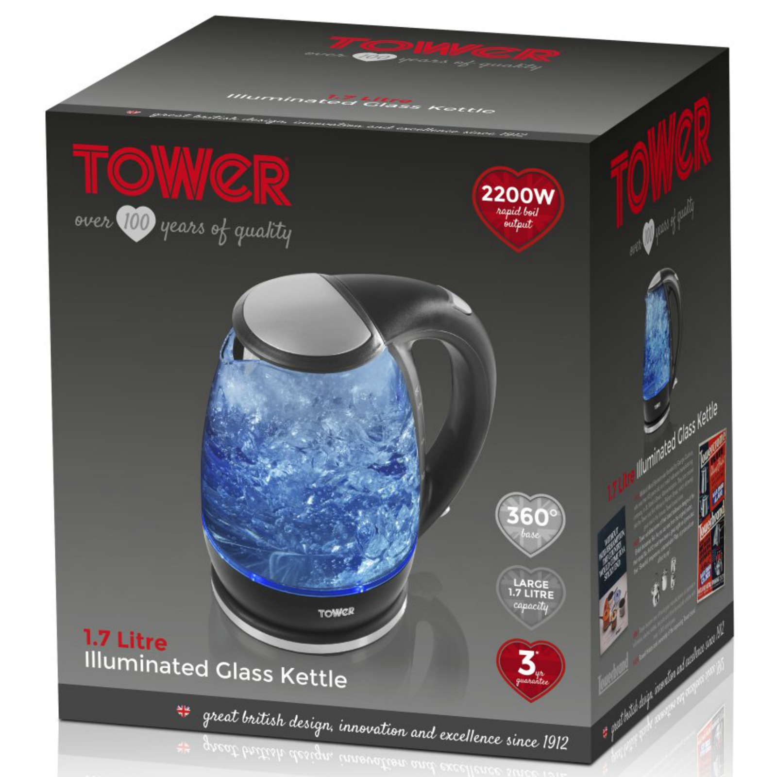 Tower T10004 Illuminated Kettle With Blue LED 1.7L - Glass / Black ...