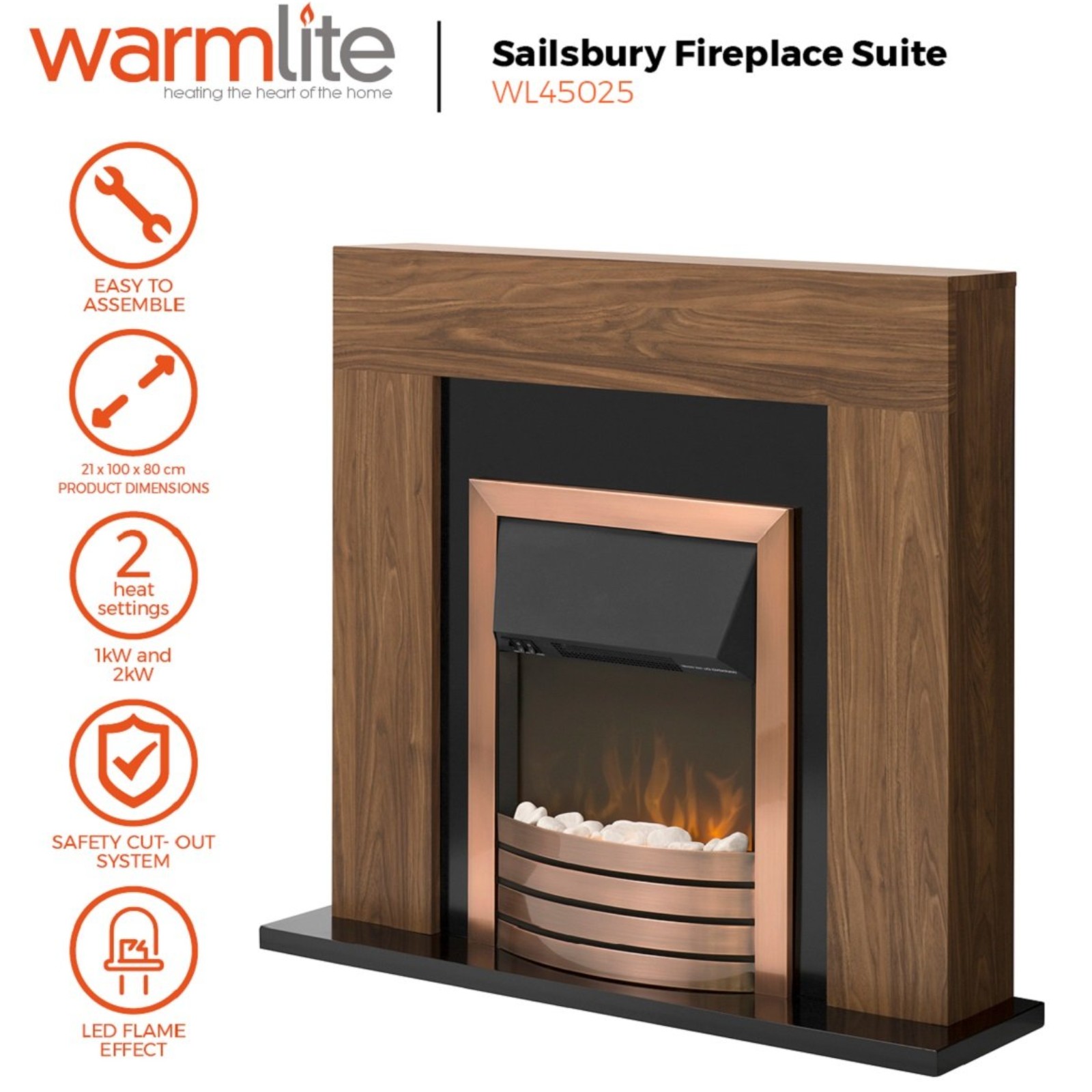 Warmlite WL45025 Salisbury Fireplace - Dark Oak Effect - Kettle and ...